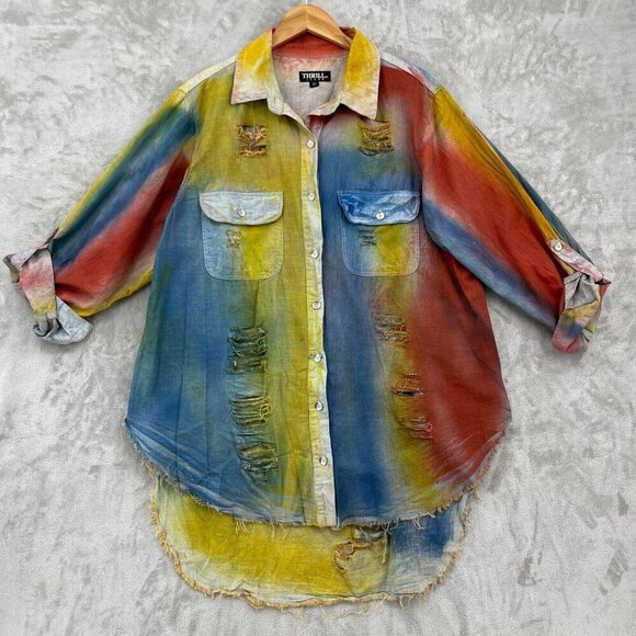 Thrill Jeans | Tops | Thrill Jeans Destroyed Distressed Roll Tab Button ...